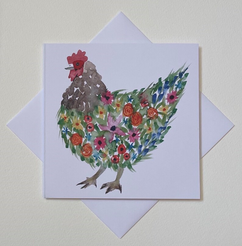 Floral Chicken Art Greetings Card by Elizabeth Amy Art - Small Market