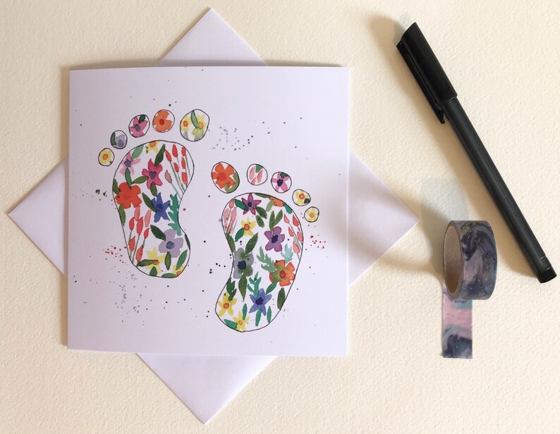 New Baby Feet Greetings Card Flowers Floral by Elizabeth Amy Art ...
