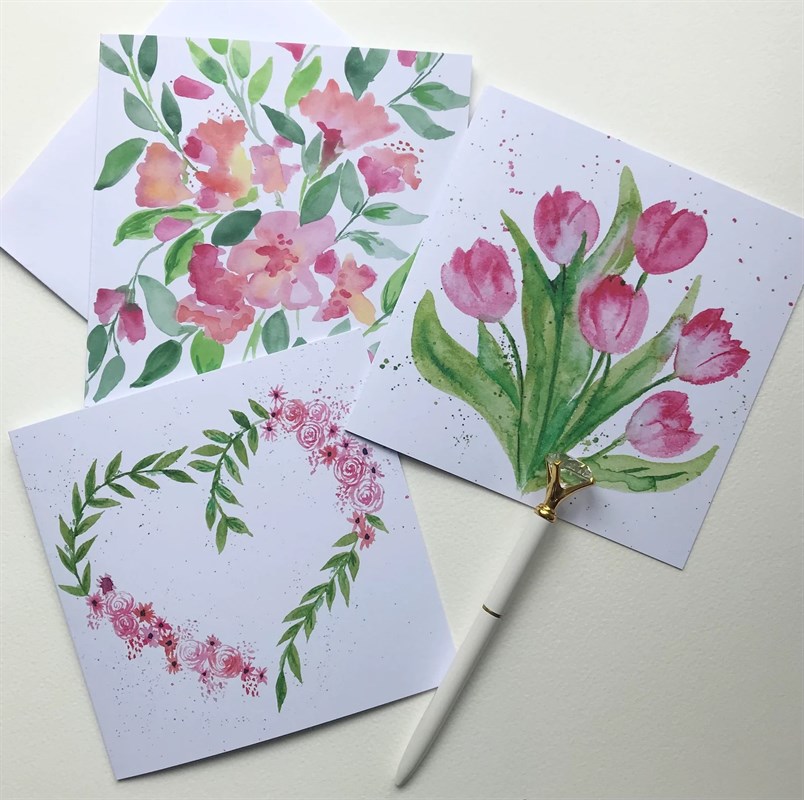 Pink Tulip And Heart Pack Of Greetings Cards by Elizabeth Amy Art ...